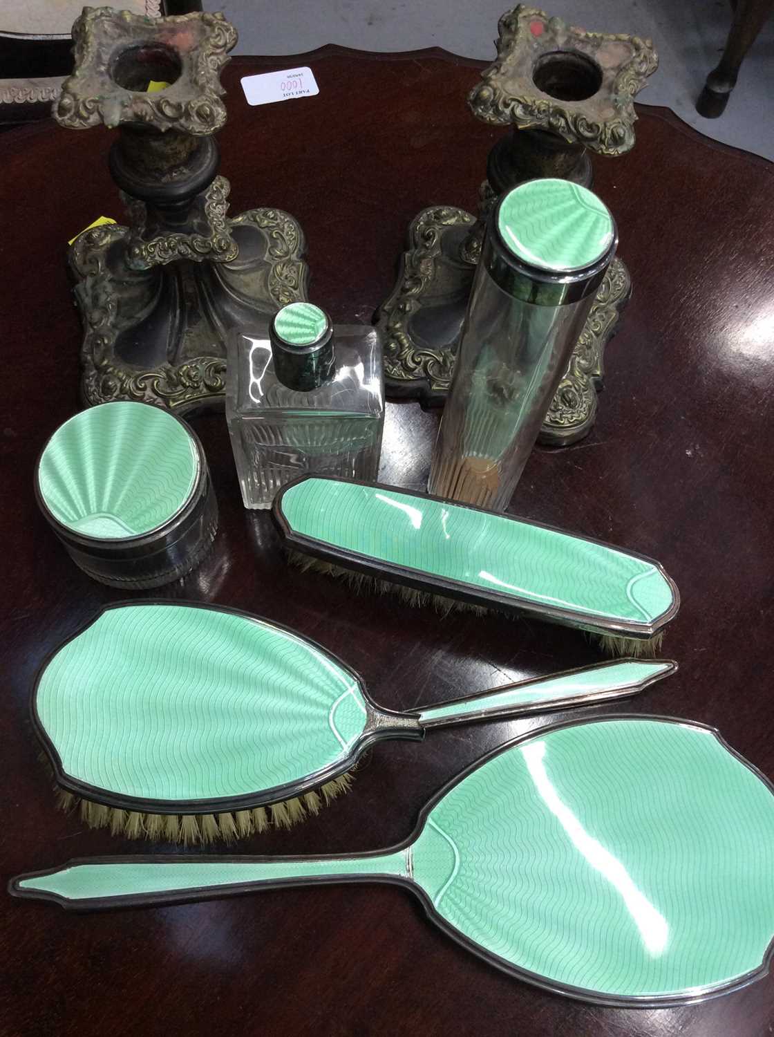 Lot 714 - Silver and green enamel dressing table set