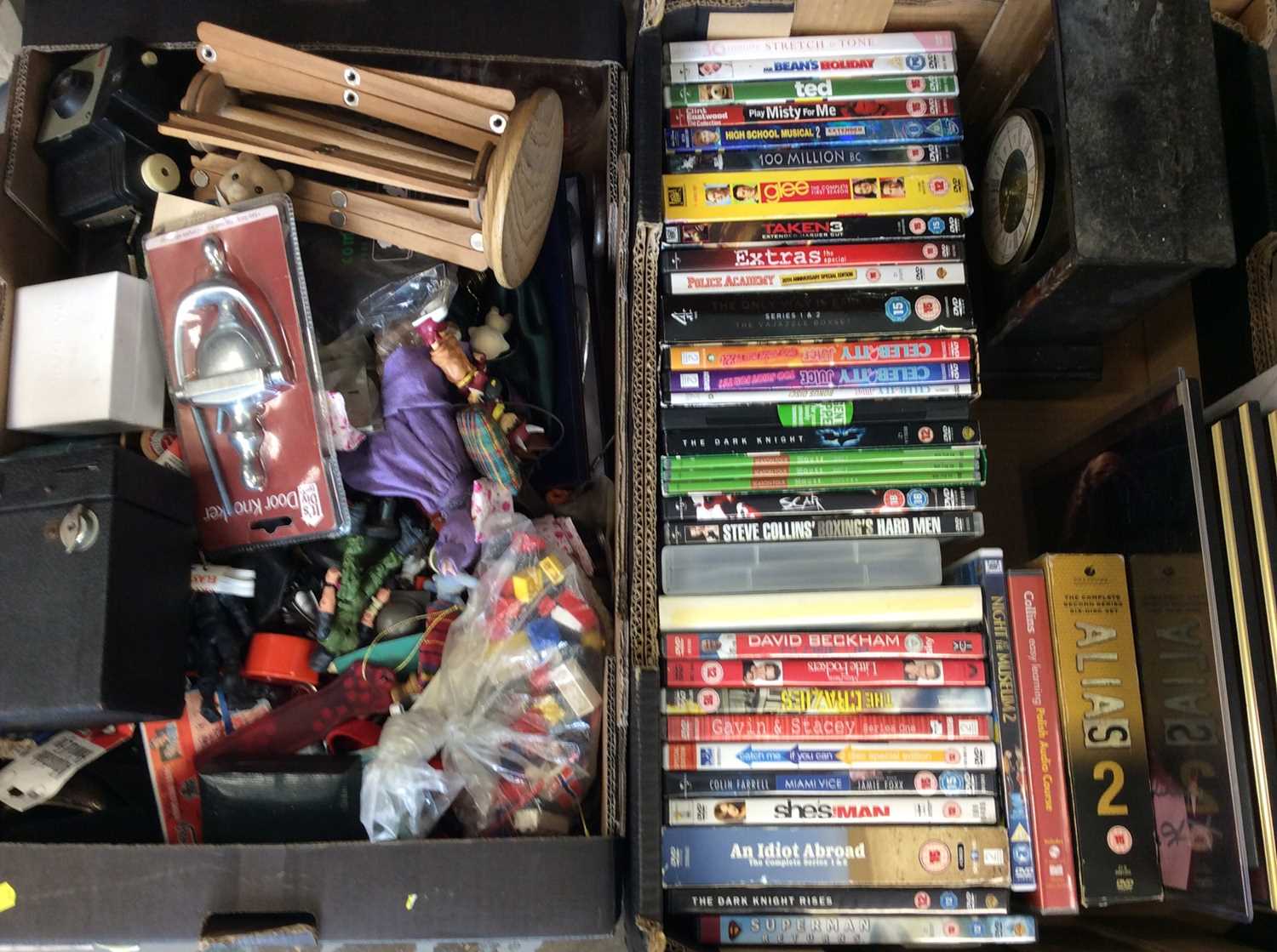 Lot 416 - Group DVDs, mantle clock, toys, sewing