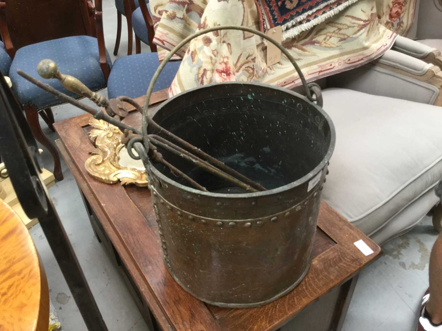 Lot 1027 - Copper and brass fire bucket with various