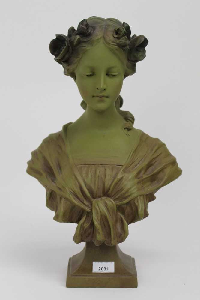 Lot 2031 - Large green painted plaster bust of a woman,