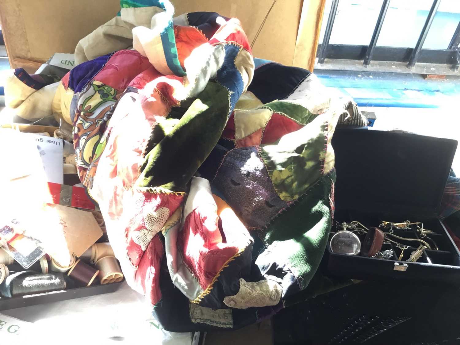 Lot 204 - Old patchwork quilt, textiles and sundries