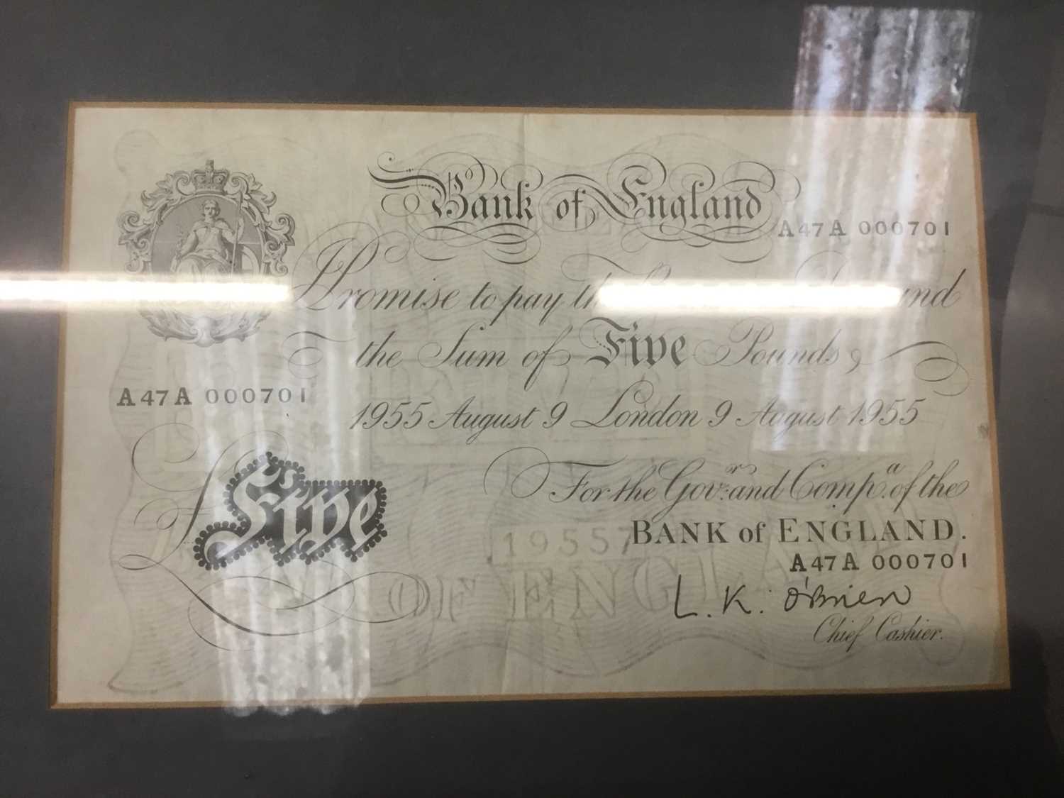 Lot 205 - White five pound note, framed