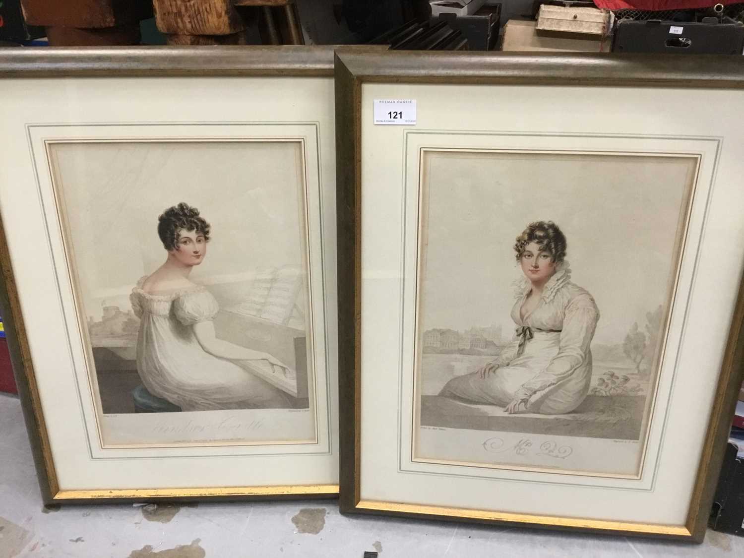 Lot 121 - Pair of 1820s engravings of ladies, four