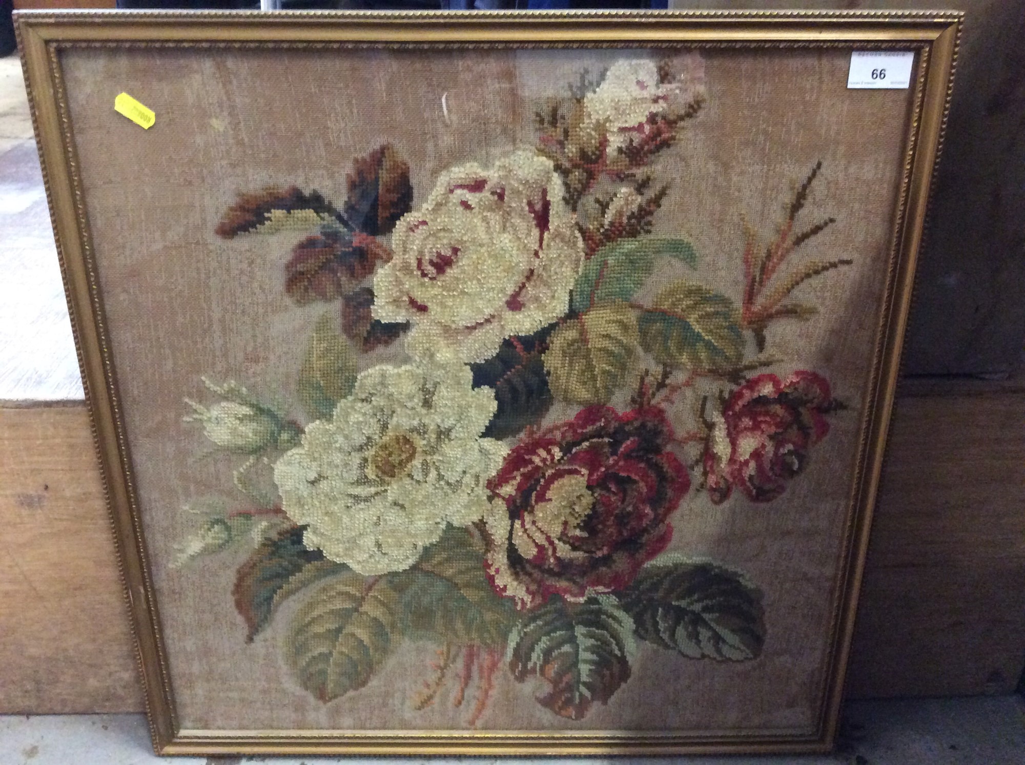 Lot 66 - Victorian tapestry panel of Roses in glazed