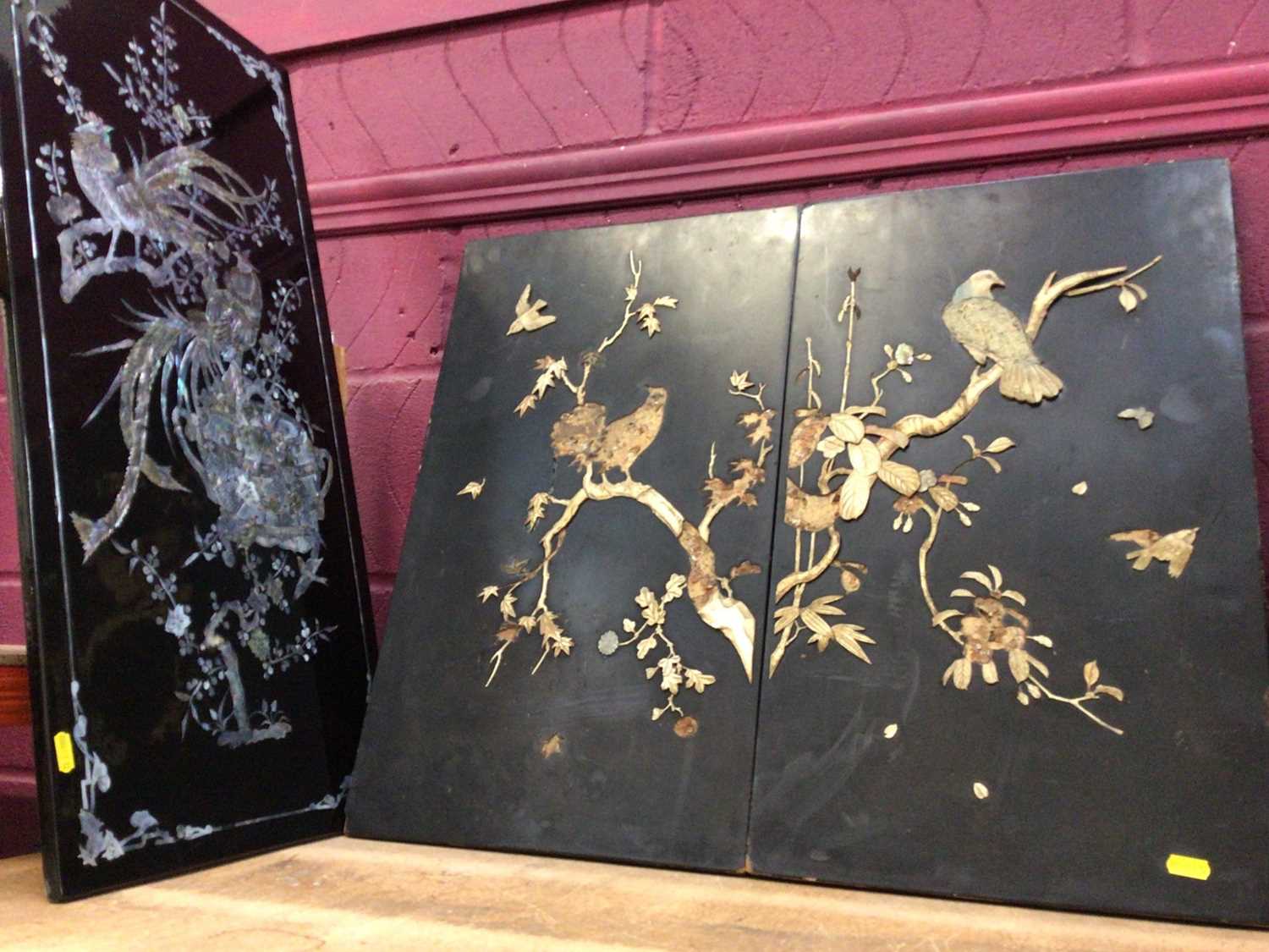 Lot 544 - Chinese lacquer panel with inlaid bird and