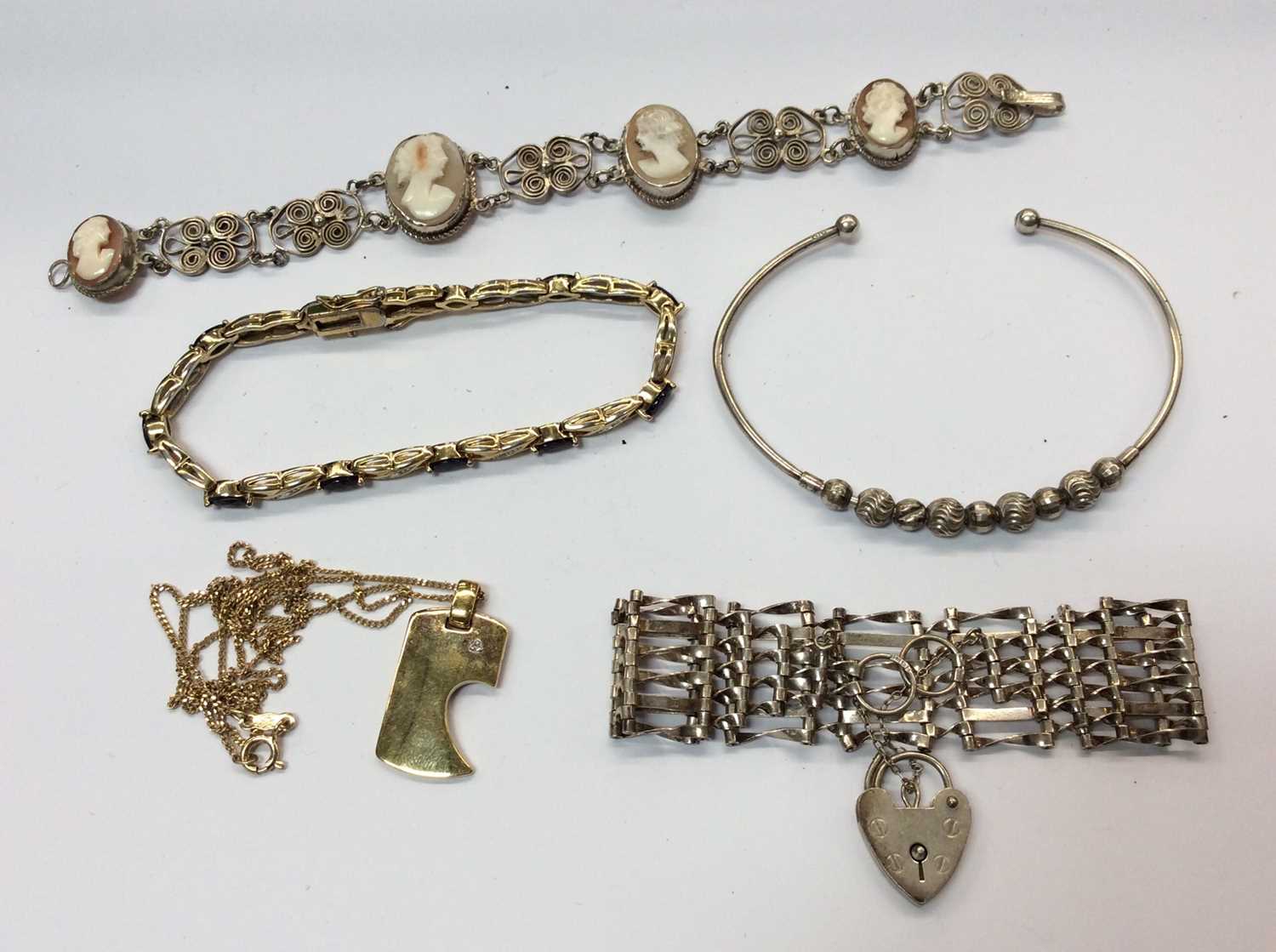 Lot 670 - Silver gate bracelet, silver torque bangle,