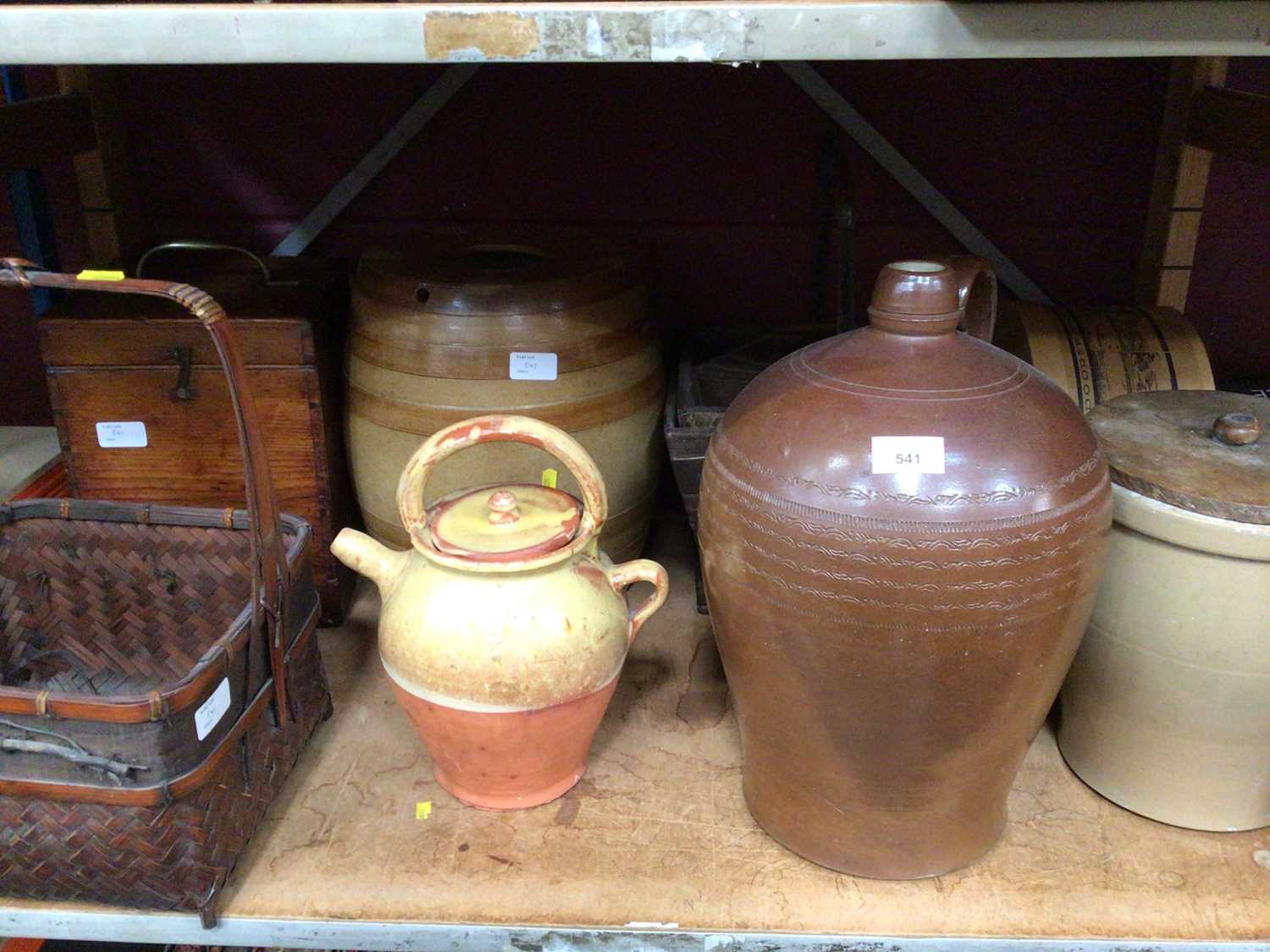Lot 541 - Salt glazed barrel, storage jars and flagon,