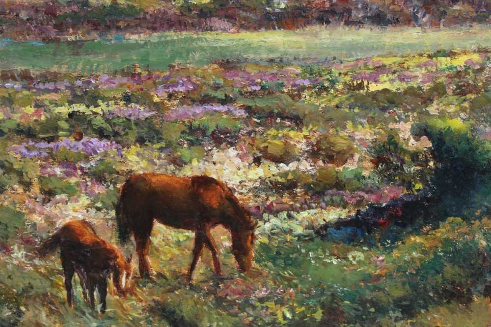 Lot 1218 - Peter Jander (b.1954) oil on board - Horses