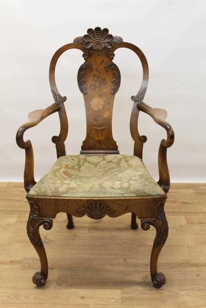 Lot 1406 - George I style walnut and inlaid crook arm