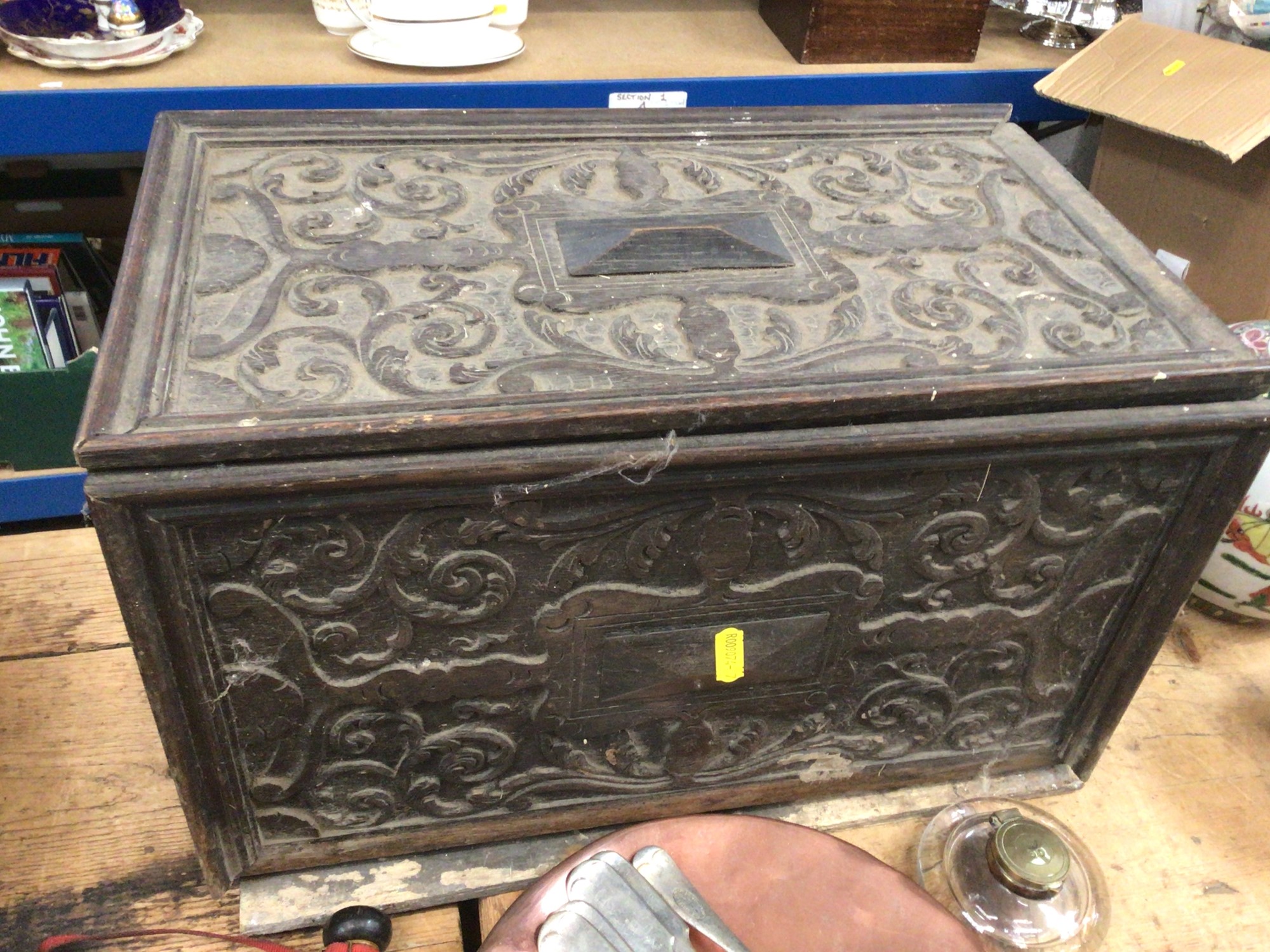 Lot 70 - Carved Jacobean style box, inkwell, copper