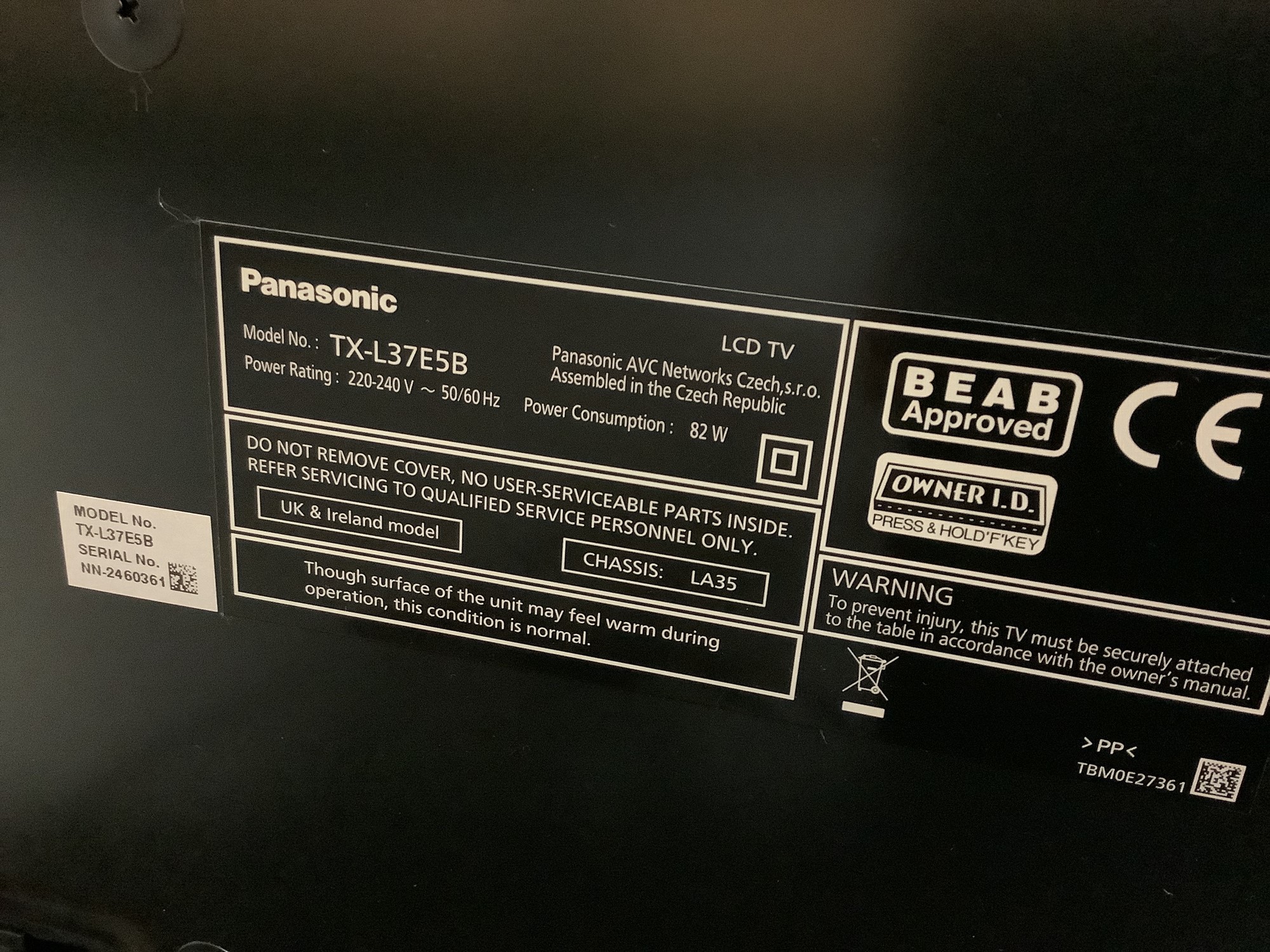 Lot 2 - 37" Panasonic Television